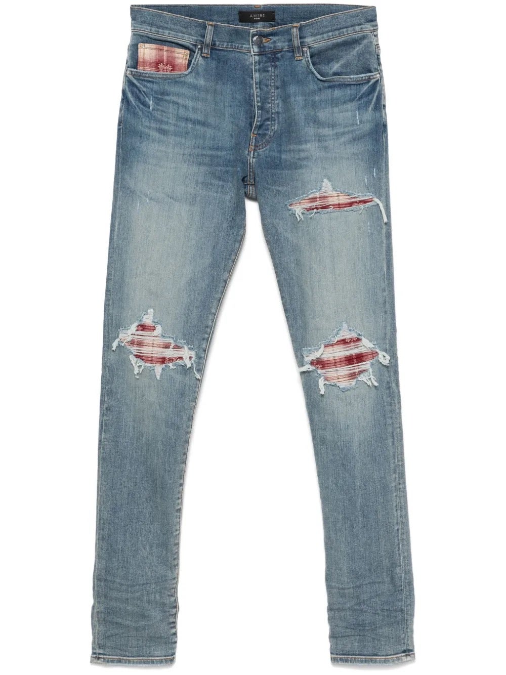 Amiri Light Blue and Red Plaid MX1 patches jeans | Resell Iconz
